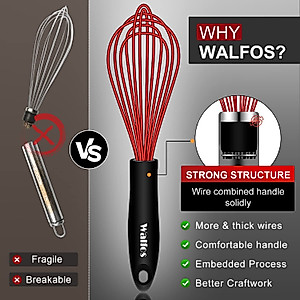 Walfos Silicone Whisk, Non Scratch Coated Whisks- Heat Resistant Kitchen Whisks for Cooking Non Stick Cookware, Balloon Egg Beater Perfect for Blending, Whisking, Beating, Set of 3