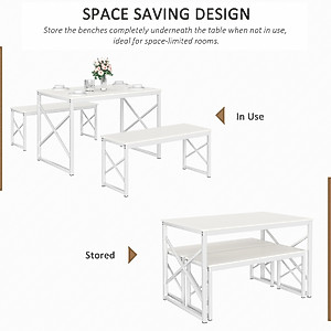 VECELO Kitchen Table with 2 Benches for 4, 43.3'' Wood Dining Room Dinette Sets with Metal Frame for Breakfast Nook and Small Space, White