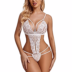 Avidlove Lingerie for Women Deep V Lingerie Teddy One Piece White Small