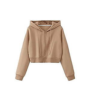 SweatyRocks Women's Long Sleeve Drawstring Full Zip Hooded Jacket Crop Sweatshirt Khaki L
