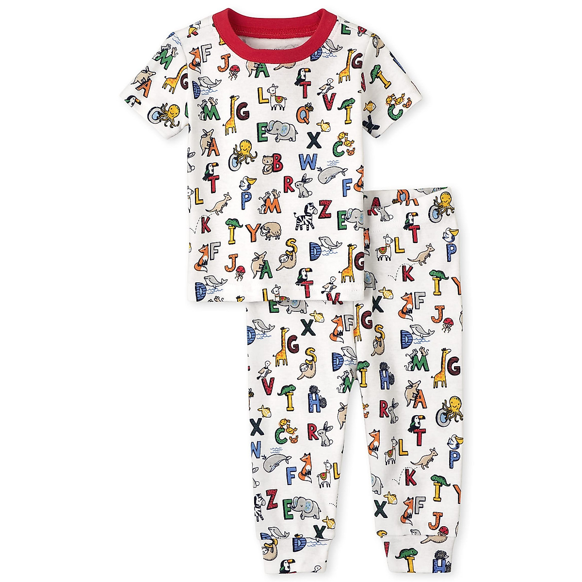 The Children's Place Baby and Toddler Snug Fit 100% Cotton Short Sleeve Top and Pants 2 Piece Pajama Set, Cute Letters, 4T