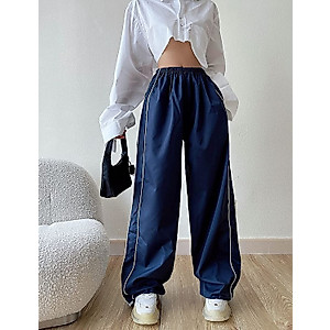 Women's Parachute Pants Cargo Trousers Elastic Waist Wide Leg Track Pants Y2k Clothing (S,Navy Blue)