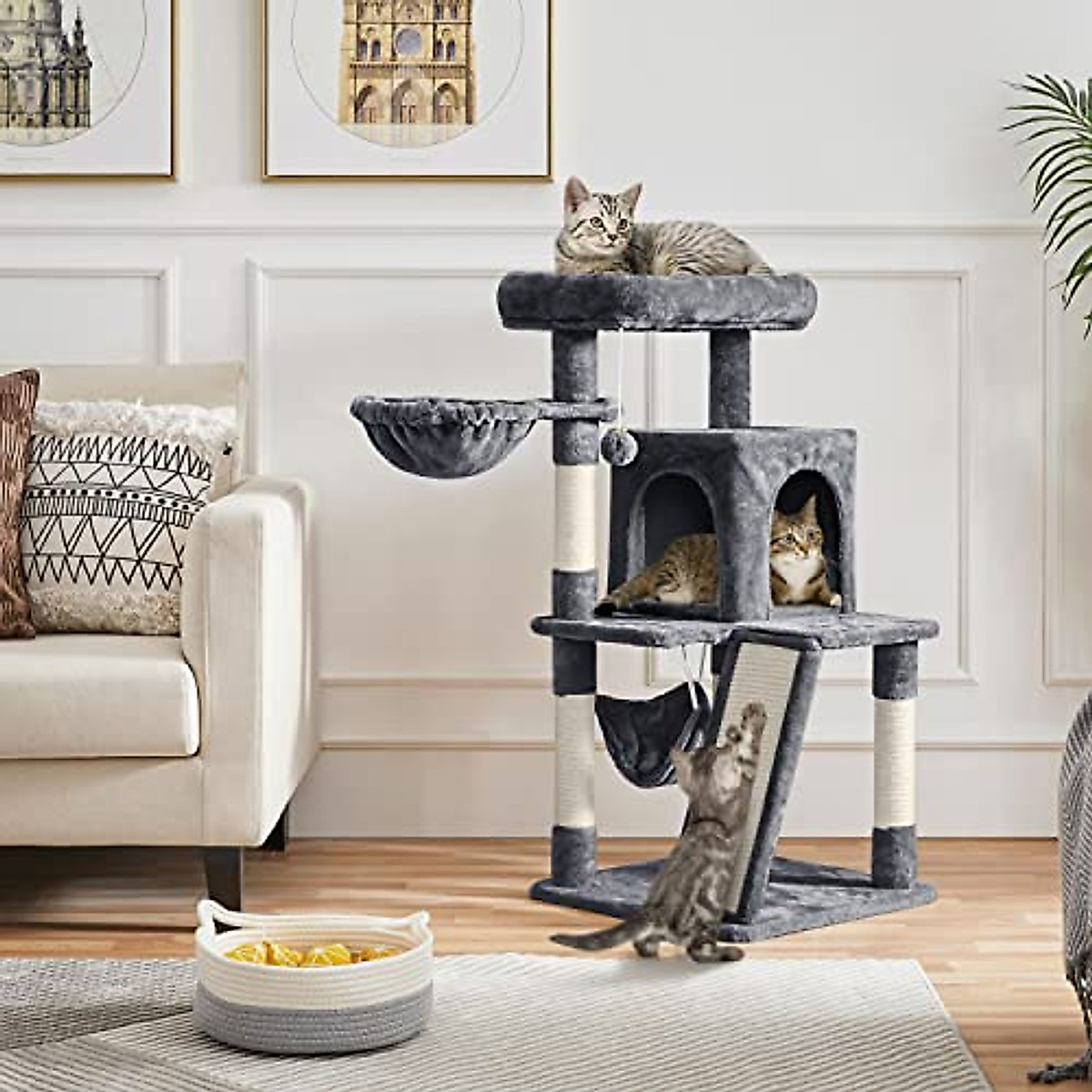 Yaheetech Cat Tree Cat Tower, 40-Inch Cat Condo with Oversized Soft Platform, Scratching Board, Basket and Hammock, Cat Furniture for Kittens Cats Pets, Dark Gray