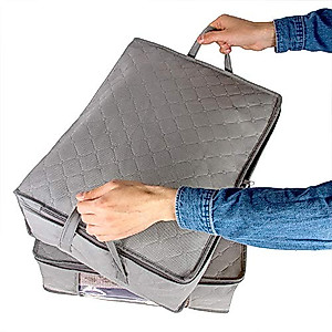 Ecomigo Foldable Storage Bag Organizers - Large Clear Window, Reinforced Carry Handles, Sturdy Zipper - Perfect for Clothes, Blankets, Bedrooms, Closets and More (3-Pack, Gray)