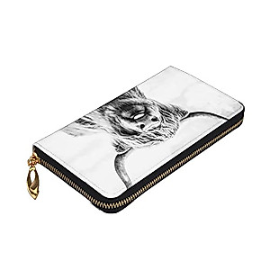 Fashion Black And White Highland Cow Animals Genuine Leather Wallet Zip Around Card Holder Organizer Clutch Wallet Large Capacity Purse Phone Bag Gifts For Men Women Adult