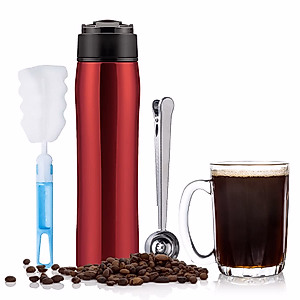 BENFUCHEN Portable Coffee Maker Stainless Steel Insulated Double Wall Vacuum Car Travel French Press Tea Maker Coffee Pot Outdoor Coffee Mug Cup With Stainless Steel Spoon, 350ML/12OZ, Red