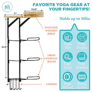 Yoga Mat Holder Wall Mount - 3 Tier Rack and 1 Wood Shelf with 4 Hooks - Ideal Storage Organizer for Home Gym Equipment and Workout Exercise Accessories and Easy to Install