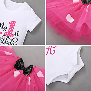 IBTOM CASTLE Baby Girls One 1st Birthday Outfit Polka Dots Romper Tutu Dress Sequin Bowknot Headband Princess Skirt One Years Old Clothes Set for Kids Prom Dance Evening Ball Gown Hot Pink-1ST 1T