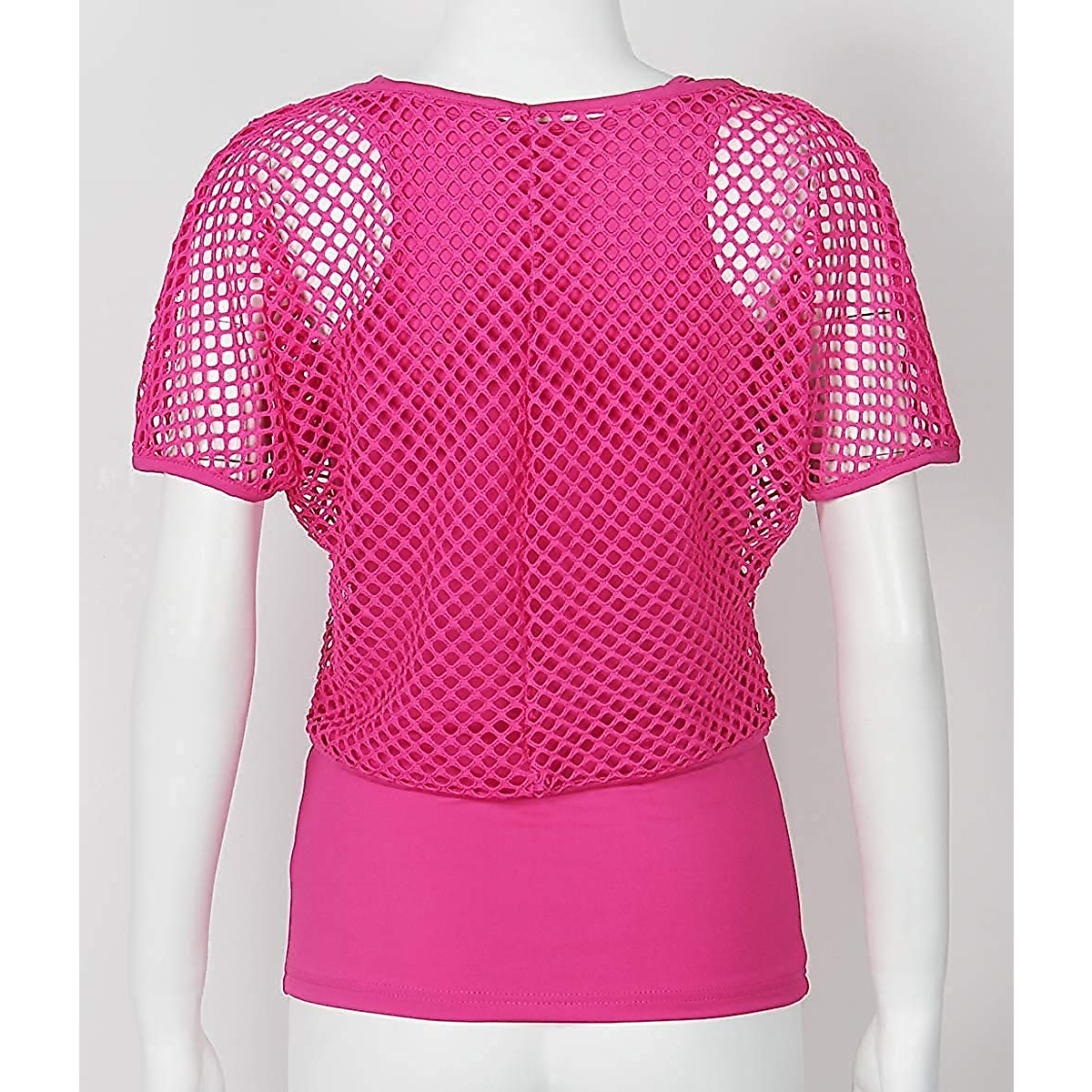 Smile Fish Women Casual Sexy 80s Costumes Fishnet Neon Off Shoulder T-Shirt (Hot Pink US 6-8/Tag Size M)