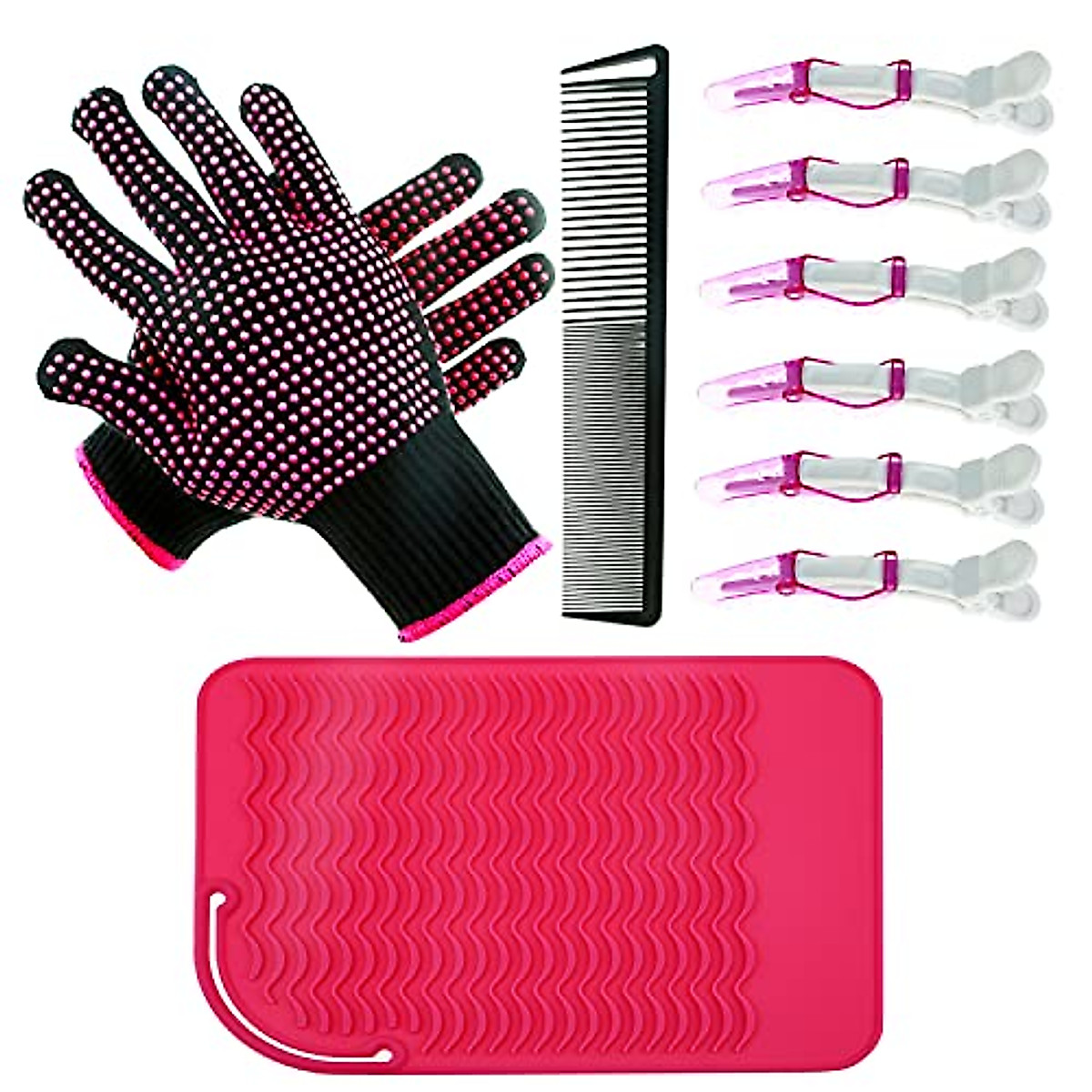 Heat Gloves for Hair Styling 2Pcs Heat Resistant Gloves Silicone Heat Mat Styling Tools & Appliances 6pcs Hair Clips and Styling Comb Curling Iron Glove Heat Resistan for Hair Curling Wand