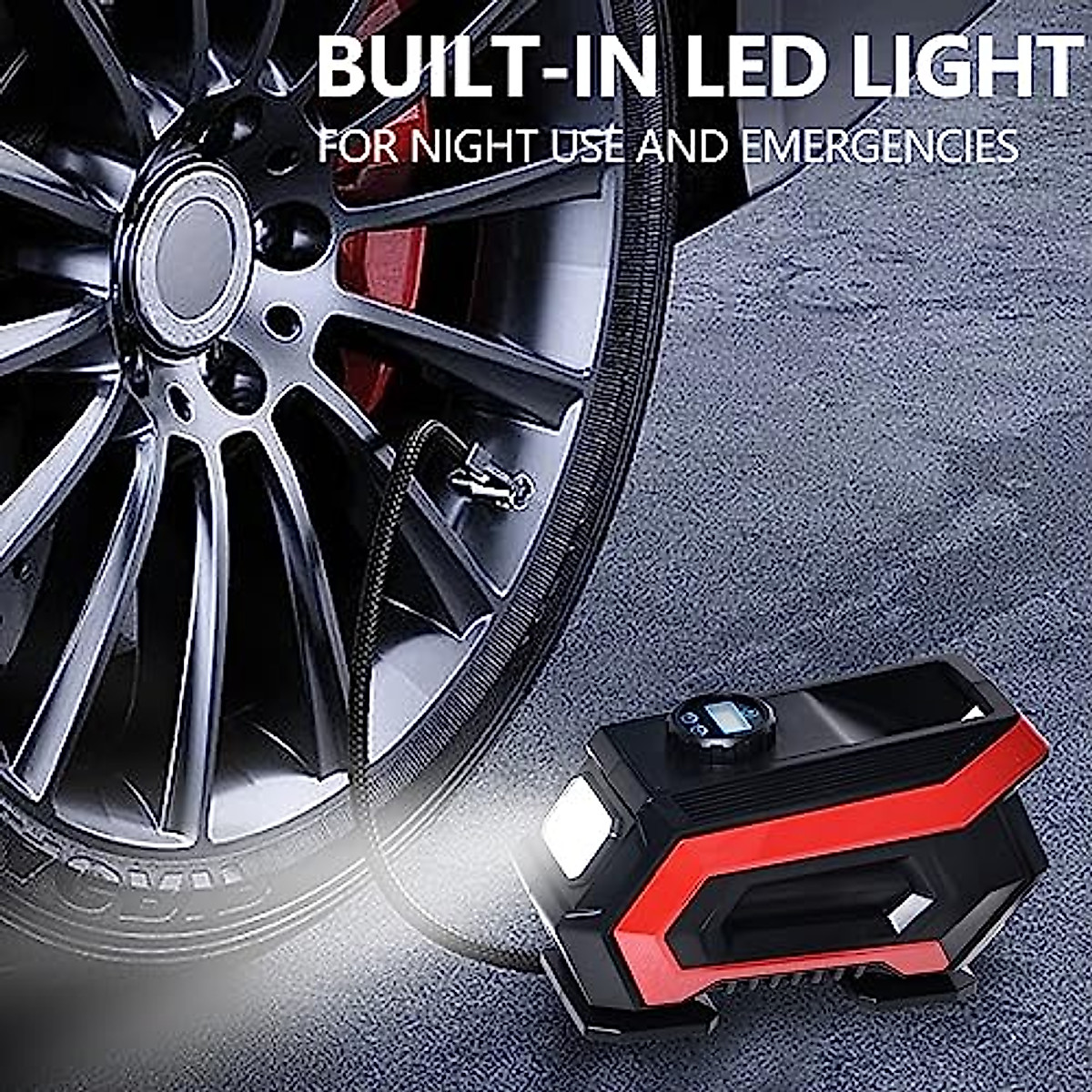 CarCome Portable Tire Inflator, Powerful 150 PSI Air Compressor with Digital Pressure Gauge and Emergency LED Light, Ideal for Cars, Bikes, Balloons (Red)