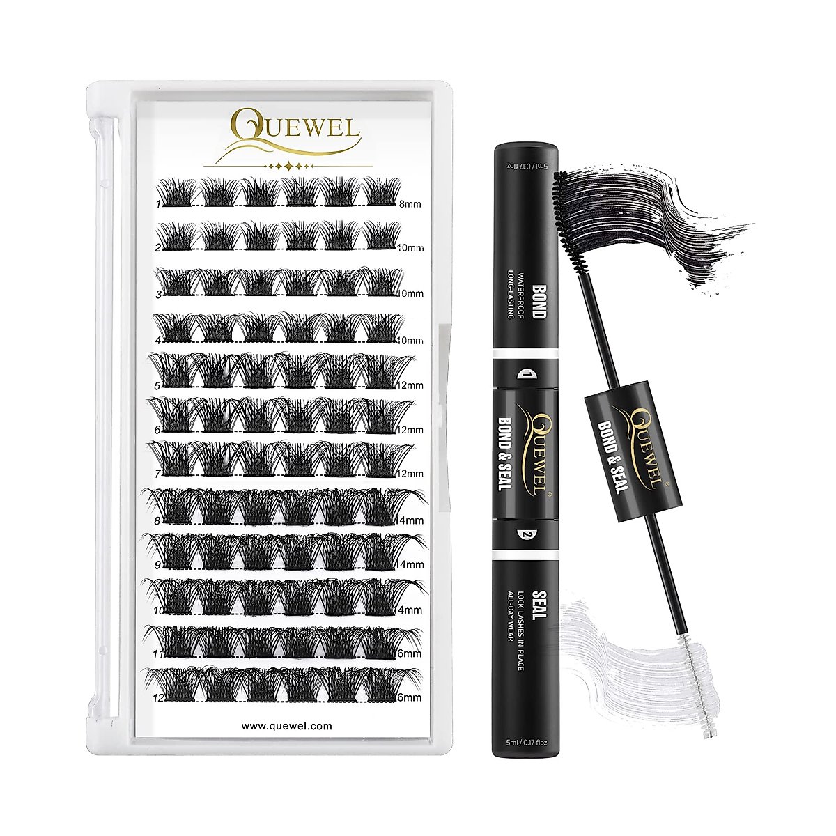 QUEWEL Cluster Lashes 72 Pcs Wide Stem Individual Lashes C/D Curl 8-16mm Length + Lash Bond And Seal, Lash Cluster Glue For DIY Eyelash Extensions