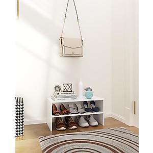 LOWOSA 2-Tier Stackable Shoe Rack, Wooden 2-Shelf Shoe Organizer Freestanding Shoe Storage Stand for 6-9 Pairs, Perfect for Closet, Entryway, Office Use - White