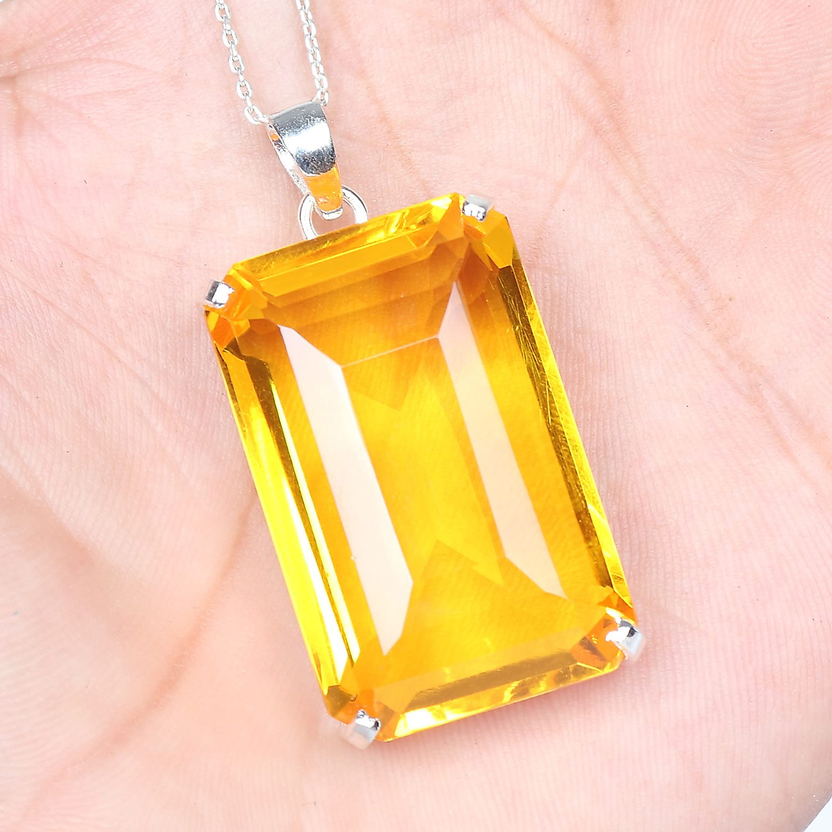 GEMHUB 80 Carat Stunning Yellow Citrine Emerald Cut Gemstone Pendant Without Chain, Handmade Sterling Silver