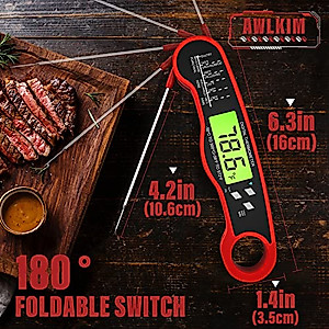AWLKIM Meat Thermometer Digital - Fast Instant Read Food Thermometer for Cooking, Candy Making, Outside Grill, Waterproof Kitchen Thermometer with Backlight & Hold Function - Red