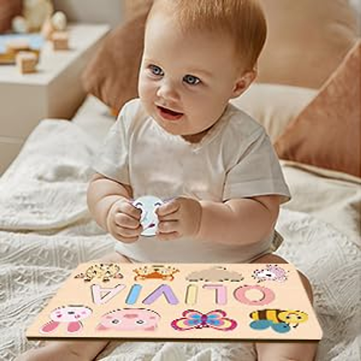 Personalized Wooden Name Puzzle for Kids, Custom Baby Gifts with Engraved Text on Back, 1st Birthday Gifts for Girls Boys, Easter Basket Stuffers for Toddler, Early Learning Toys for Baby