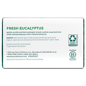 Tom's of Maine Natural Beauty Bar Soap With Raw Shea Butter, Fresh Eucalyptus, 5 oz. 6-Pack (Packaging May Vary)