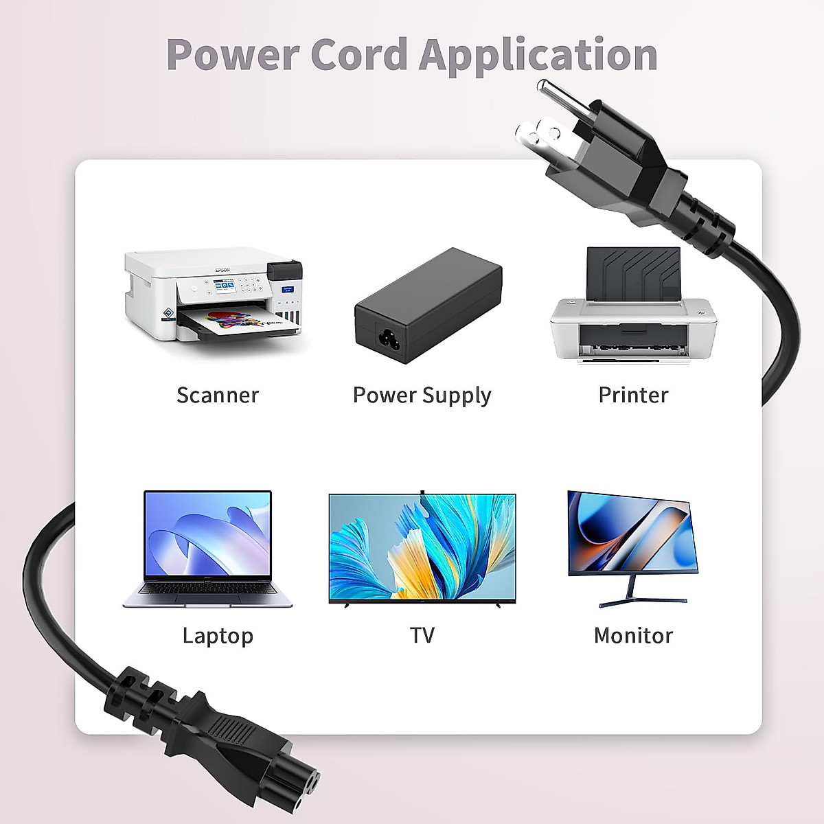 3 Prong Power Cord Replacement Power Cable for Computers, TV, Monitors, Dell, IBM, HP, Asus, Sony, Samsung, Toshiba, Lenovo, Acer, Epson Printer, LG LED LCD Smart 1080p HDTV, 6 Ft AC Cable