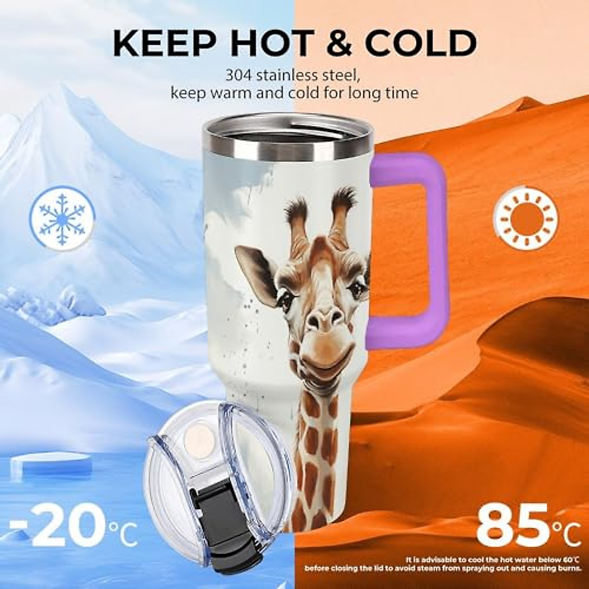 LLUTSNTH 40 Oz Vacuum Tumbler with Violet Handle Leakproof Insulated Tumbler Giraffe Stainless Steel Travel Mug with Lid And Straw Coffee Cup Cute Water Bottles Cup Holder Friendly