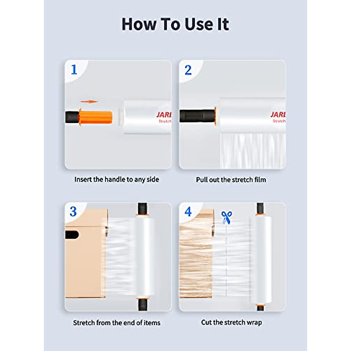 JARLINK 2 Pack Stretch Film, 15" x 1000ft Shrink Wrap for Pallet Wrap, Industrial Strength Stretch up to 650% Stretch with Handles, Self Adhering Packaging Heavy Duty Film for Moving, 68 Gauge, Clear
