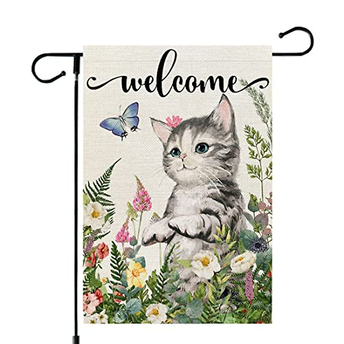 CROWNED BEAUTY Spring Cat Garden Flag Floral 12x18 Inch Double Sided for Outside Welcome Burlap Small Yard Holiday Decoration CF754-12