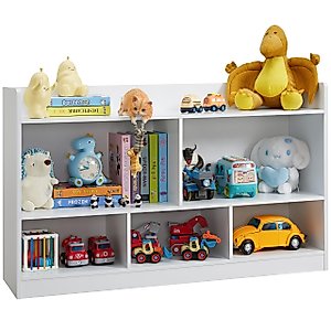 Kids Toy Storage Organizer, 5-Section Bookshelf for Organizing Books Toys, Wooden Storage Cabinet Daycare Furniture for School, Classroom Playroom, Nursery, Kindergarten (White)