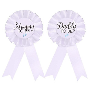 CoolerthingsDG, Daddy to be & Mommy to be Tinplate Badge Pin - Baby Shower Button New Dad Gifts Gender Reveals Party Baby BOY White Rosette Button Baby Celebration (White, Blue footprint)