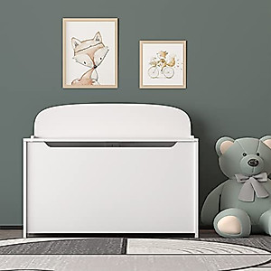 JARKUZ Kids Wooden Toy Box, Wide Toy Storage Organizer, Toy Chest with Safety Hinged Lid for Kids, Children's Furniture Large Trunk for Boys and Girls Ages 3+ (White)