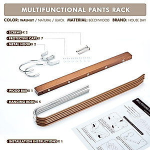 HOUSE DAY Pants Hangers Space Saving, Wood Jean Hangers for Closet, Non Slip Multi functional Pants Rack Hanger Multiuse Pant Organizer For Closet Space Saving Hangers for Pants, Scarfs (2PACK,Walnut)