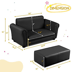 INFANS 2 Seat Children Sofa, Upholstered Couch with Footstool Sturdy Wood Construction, Armrest Couch for Preschool Children Boys Girls, Kid Couch Lounge Bed with Ottoman (Black)