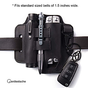 Gentlestache Belt Sheath, Practical EDC Leather Belt Organizer with Multitool Pouch, Flashlight/Pen Holder and Keychain Clip for Men Black