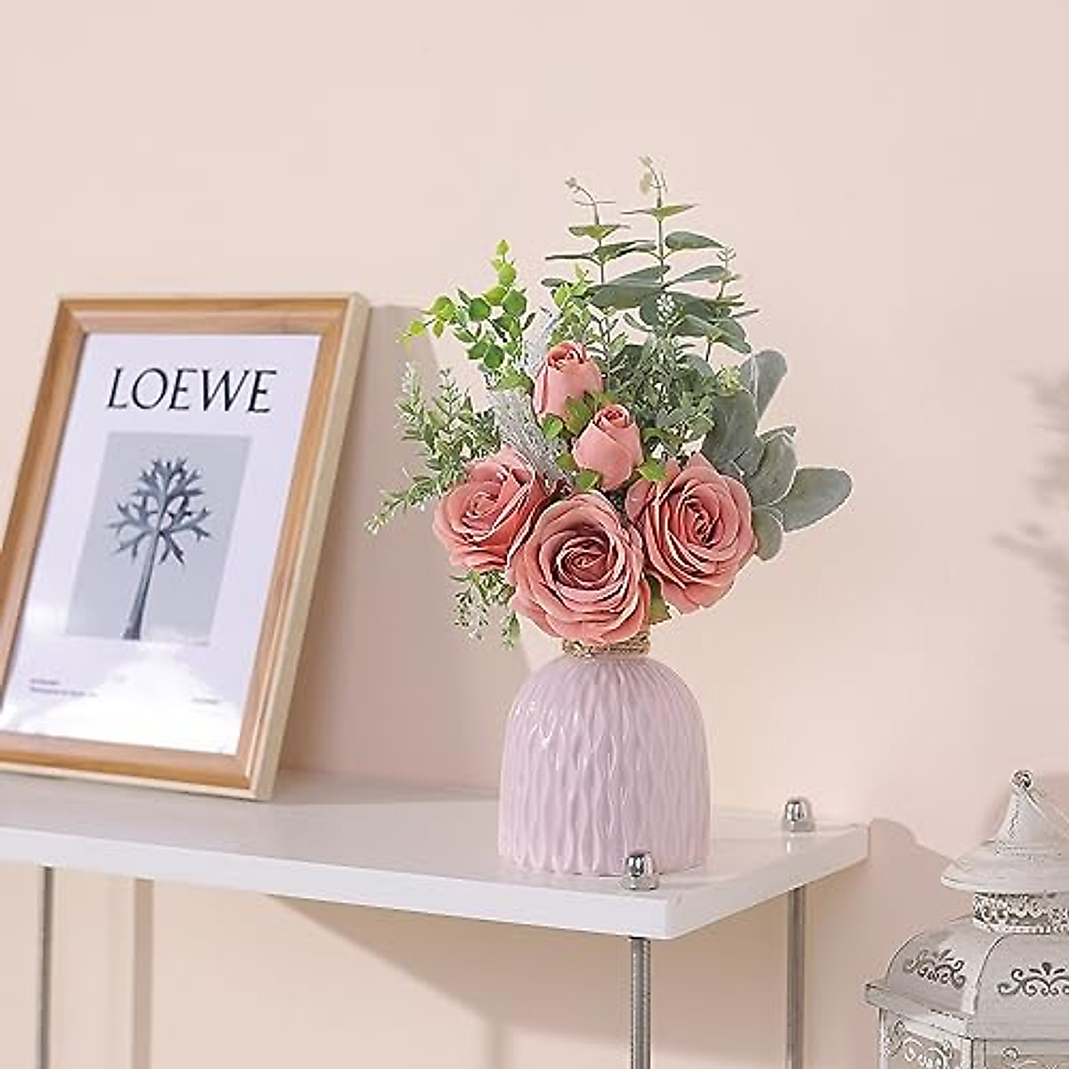 Artificial Flowers with Ceramic Vase,Faux Silk Roses and Fake Plant Eucalyptus in Vase for centerpiece table decorations, living room,dining table,fireplace,office,farmhouse,home decor(Dusty Pink)