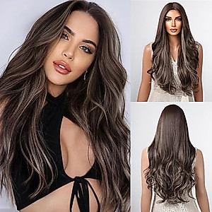 Allbell Honey Brown Long Wavy Wigs for Women 24 Inch Brown Highlights Middle Parting Curly Wig Natural Looking Heat Resistant Synthetic Hair Replacement