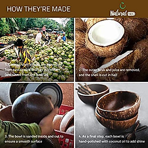 CLAYNIX 4 Coconut Bowls Serving Smoothie Bowl and Spoon Gift Natural Handmade Polish with Coconut Oil, Durable for Vegans Breakfast, Serving, Acai Bowl , Party Ice Cream Cereal (4, Polished)