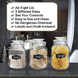 Glass Canister Set for Kitchen or Bathroom with Airtight Lid and Chalkboard Labels, Apothecary Glass Food Storage Jars - Set of 3 Cookie Jars, Candy, Coffee, Flour, Sugar, Rice, Pasta, Cereal & More, Clear Storage Containers!