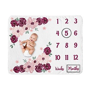 Sweet Jojo Designs Burgundy Pink Watercolor Floral Girl Milestone Blanket Monthly Newborn First Year Growth Mat Baby Shower Memory Keepsake - Blush Maroon Wine Rose Green Shabby Chic Flower Farmhouse