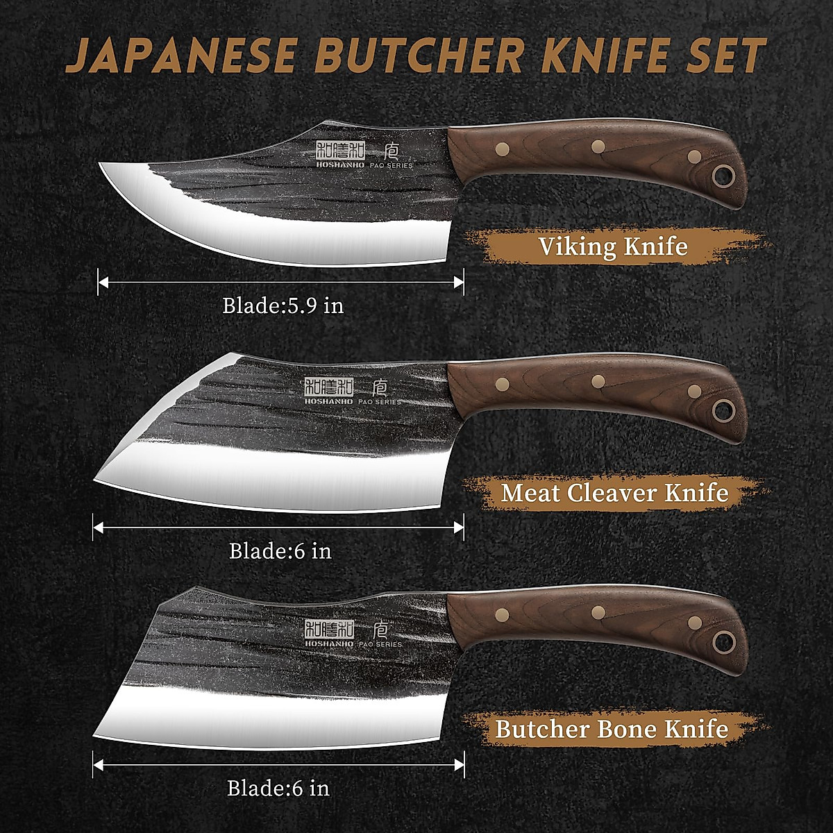 HOSHANHO Butcher Knife Set, 3 Pieces Kitchen Knife Set of Heavy Duty Butcher Bone Chopper Knife & Meat Cleaver Knife & Viking Knife, Professional Knife Set for Home, Cooking, Camping BBQ