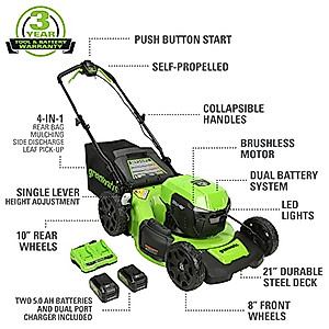 Greenworks 2 x 24V (48V) 21" Brushless Cordless Self-Propelled Lawn Mower, (2) 5.0Ah USB Batteries (USB Hub) and Dual Port Rapid Charger Included