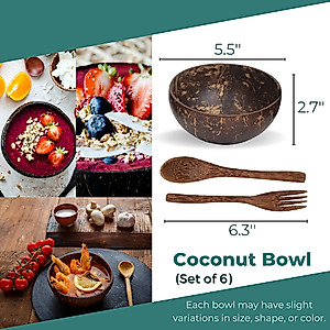 ENEOCARE Set of 6 Natural Coconut Bowls and Wooden Spoon Sets | Organic Reusable Eco-friendly Smoothie Bowls and Spoons, Forks | Perfect for Smoothie Bowls, Acai Bowls, Buddha Bowls (6)