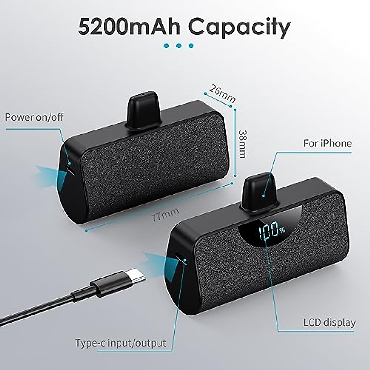 [2 Pack] Small Portable Charger 5200mAh for iPhone,Ultra Compact PD Fast Charging Power Bank,LCD Display Mini Battery Pack Compatible with iPhone 14/14 Pro Max/13/13 Pro Max/12/12 Pro/11/XR/X/8/7 etc