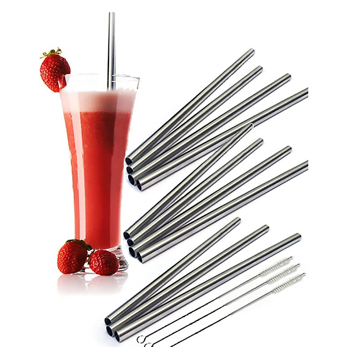 12 Stainless Steel Wide Drink Straws - CocoStraw Large Straight Frozen Smoothie Straw - 12 Pack + 3 Cleaning Brushes