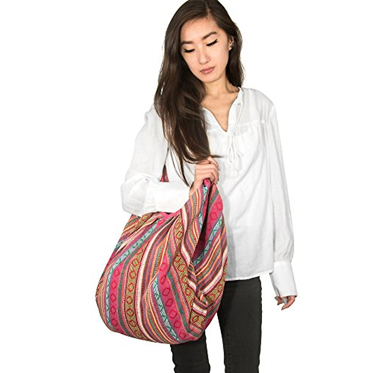 Tribe Azure Jacquard Cotton Shoulder Banana Style Fashion Travel Canvas Tote Bag Hobo Style Casual Market Purse Handbag (Pink)