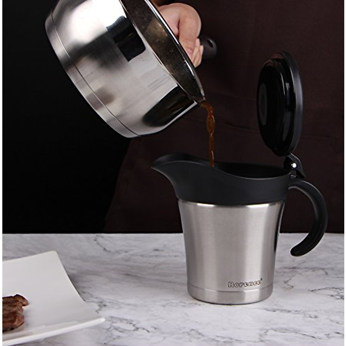 Rorence Stainless Steel Double Insulated Gravy Boat/Sauce Jug 16 Ounce Capacity