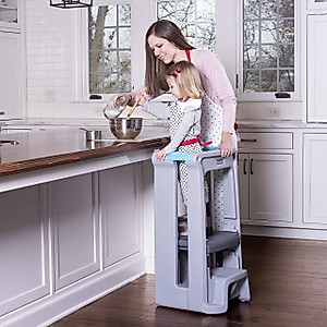 Simplay3 Toddler Tower Childrens Step Stool with Three Adjustable Heights, Kids Kitchen Helper, Made in USA, Gray
