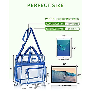 Clear Tote Bag Stadium Approved 12×12×6, Clear Lunch Bag with Front Pockets, Clear Tote Bag for Festival, Concerts, Sports Events-Blue