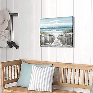 Beach Picture Coastal Wall Art: Blue Abstract Seascape Artwork Sandy Path Canvas Painting for Bedroom (24"W x 18"H,Multi-Sized)