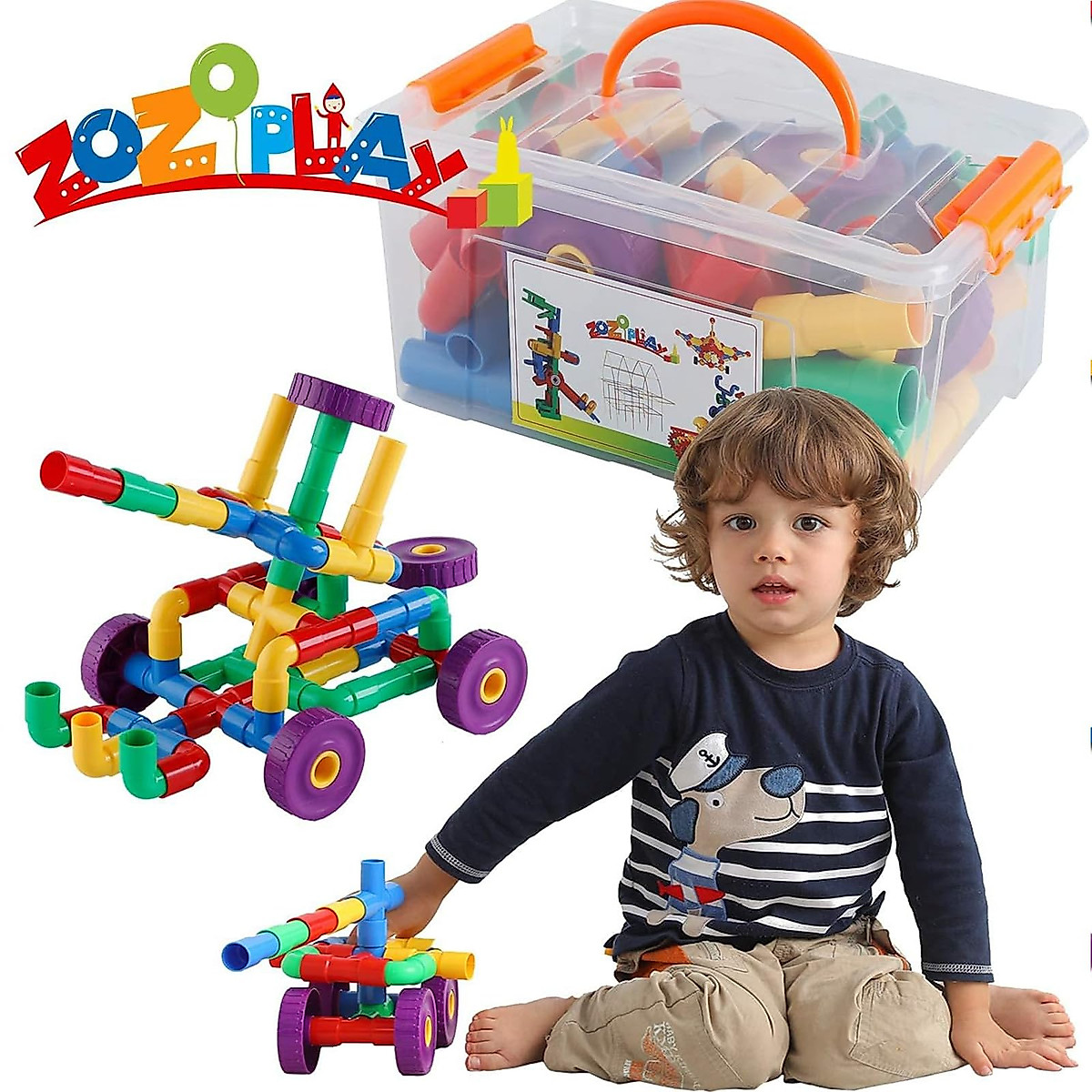 ZOZOPLAY STEM Learning Toy Tubular Pipes & Spouts & Joints 96 Piece Build Bicycle, Tank, Scootie, Moter Skills Endless Designs Educational Building Blocks Set for Kid Ages 3+ Multicolor