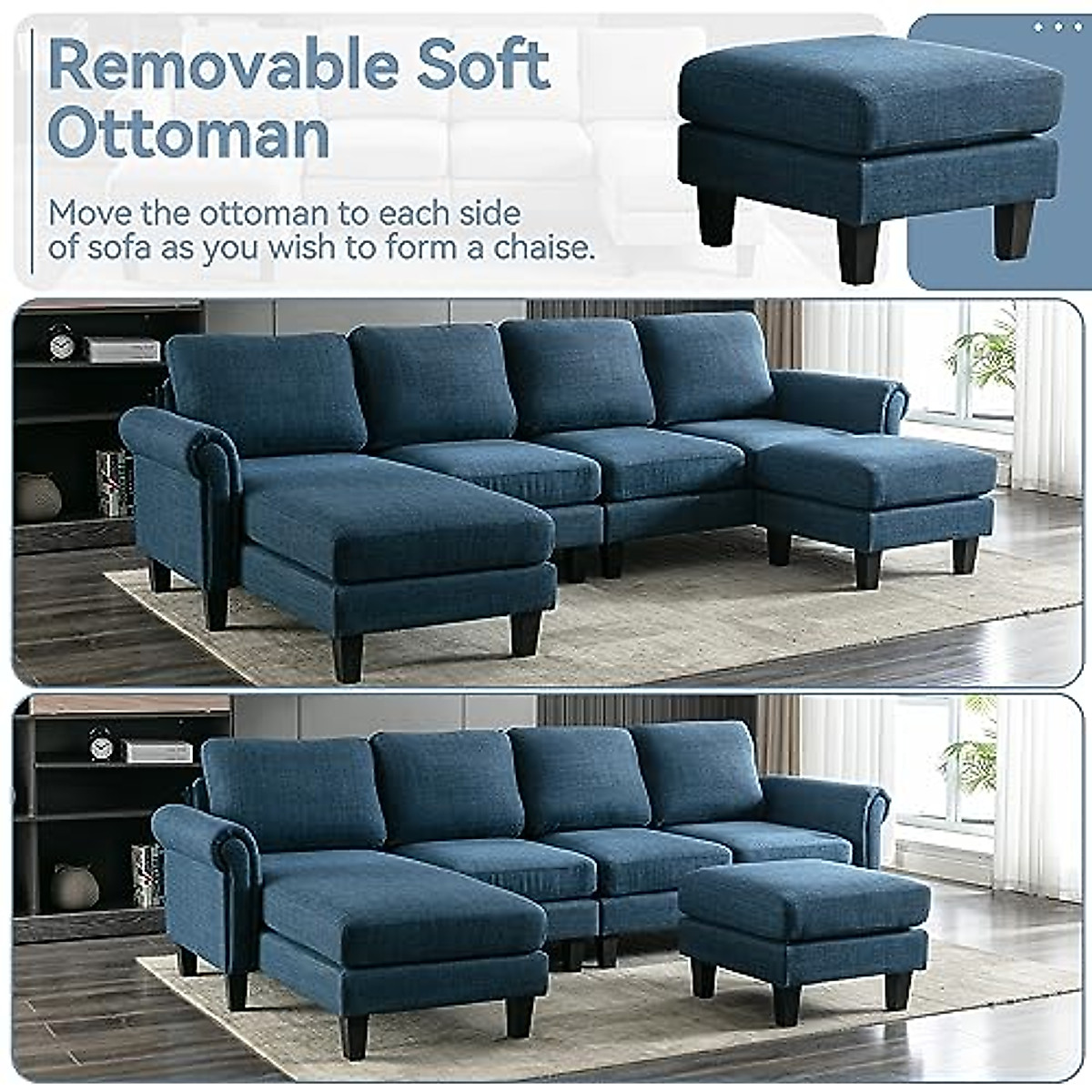 Olela U Shaped Modular Sectional Sofa for Living Room, Oversized Deep Seat Sofa Modern Linen Upholstered Sectional Couch with Chaise Lounge and Comfy Backrest (Navy)
