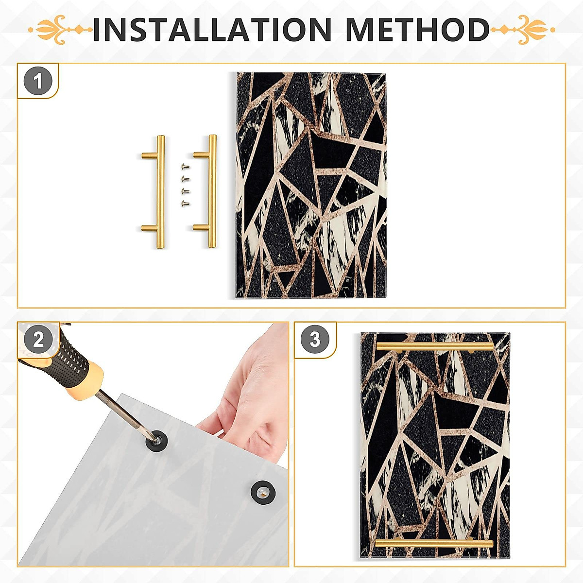 Rose Black Glitter Bathroom Sink Vanity Trays With Gold Handles Golden Marble Countertop Organizer Tray Acrylic Makeup Perfume Tray Dresser Tray Holder Decor Tray For Candle Small Plant Coffee