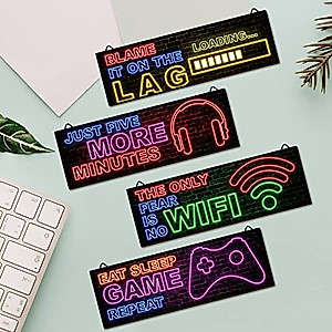 clothmile 4 Pcs Neon Gaming Decor for Boys Room Wooden Video Game Wall Art Motivational Quote Gamer Hanging Plaques Inspirational Wall Decor for Boys Kids Room Bedroom Playroom Decorations